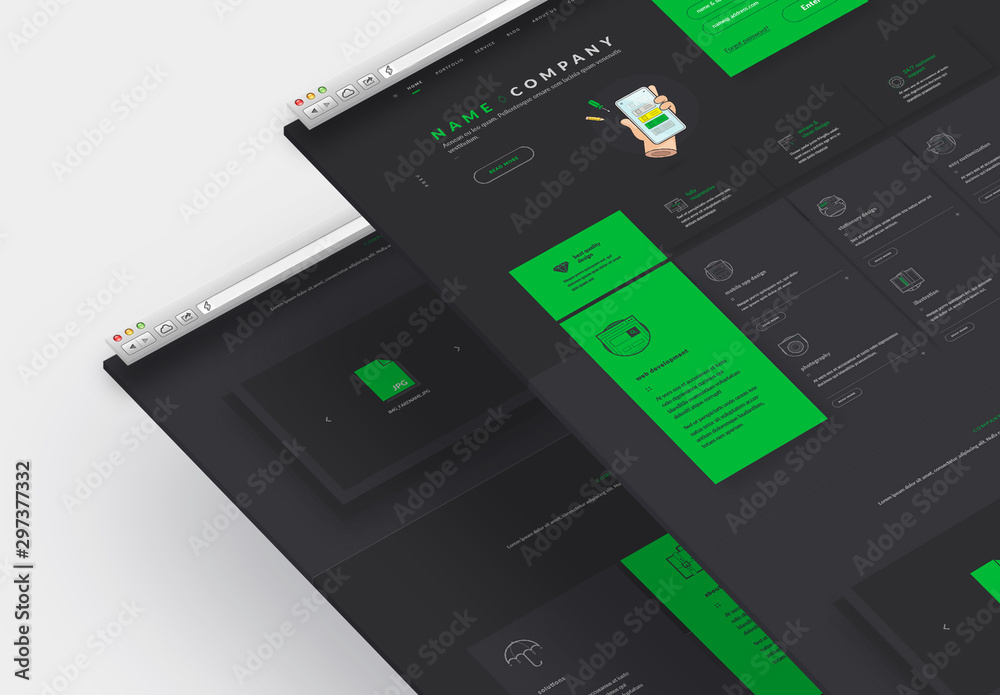 Dark Company Website Layout with Green Accents Stock Template | Adobe Stock