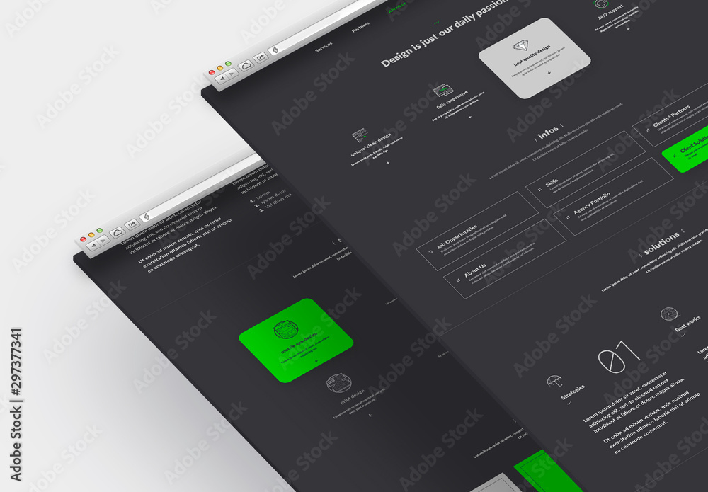 Dark Company Website Layout with Green Accents Stock Template | Adobe Stock