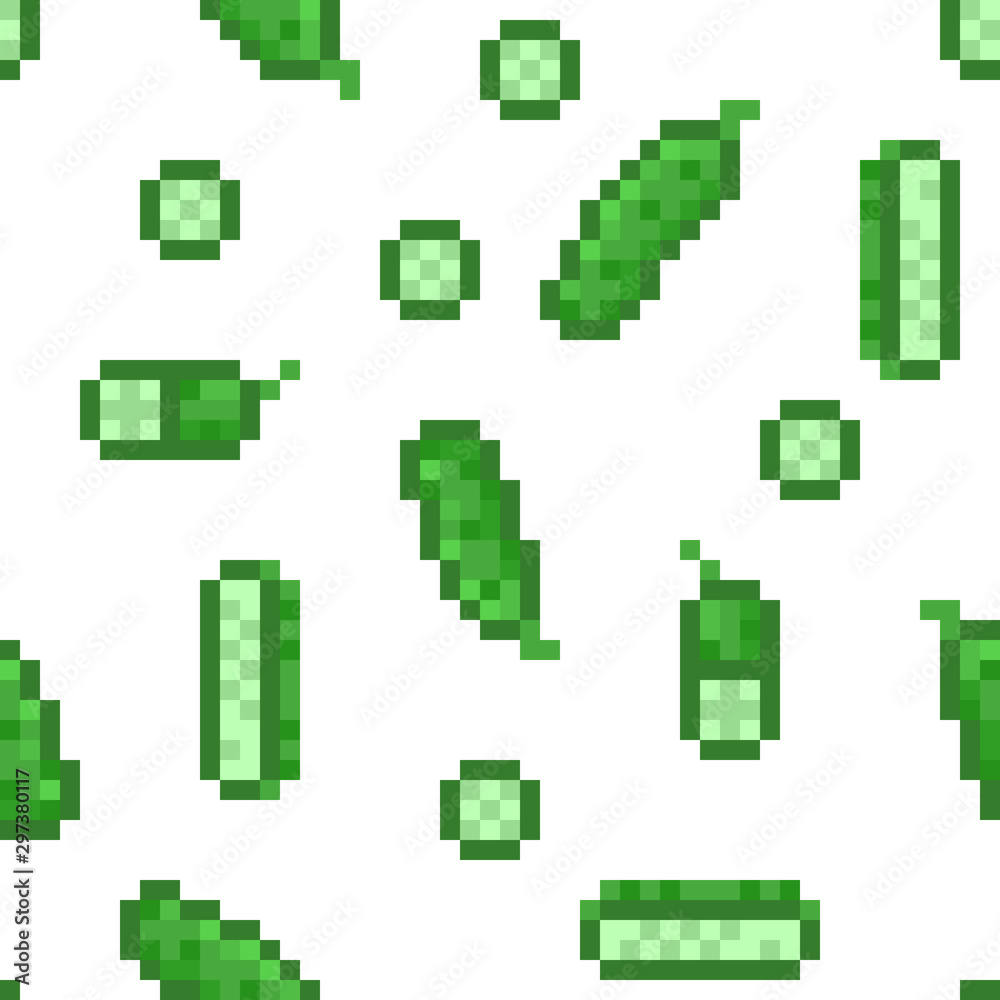 Seamless pattern with 8 bit pixel art green cucumbers (uncut, cut in ...