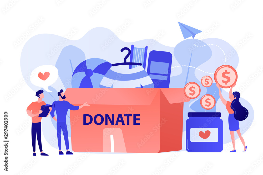 Volunteers collecting goods for charity into huge donation box and ...