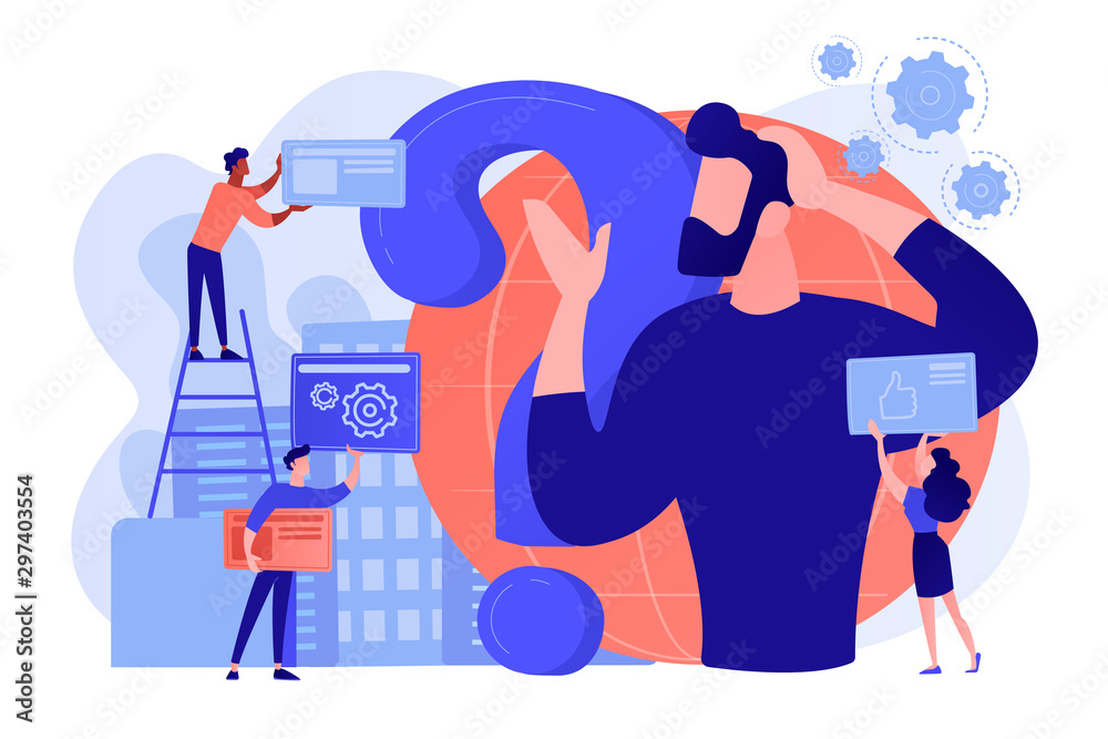 Self management, life coaching. Man doubting, questioning ...