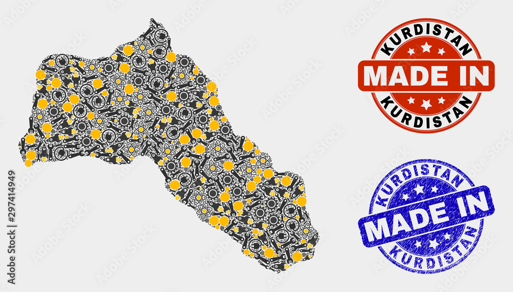 Mosaic gear Kurdistan map and blue Made In scratched stamp. Vector ...