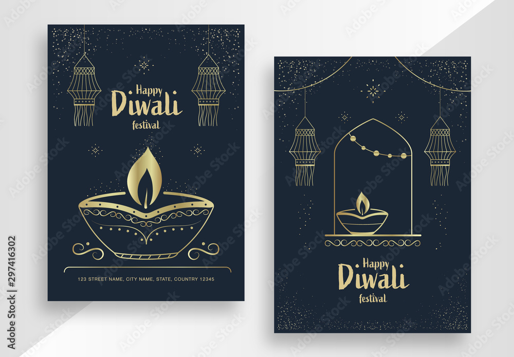Diwali Festival Poster Layout Set with Gold Elements Stock Template ...
