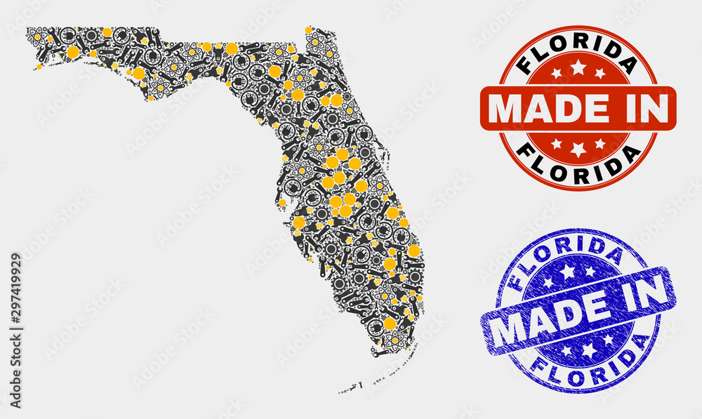 Mosaic industrial Florida State map and blue Made In scratched stamp ...