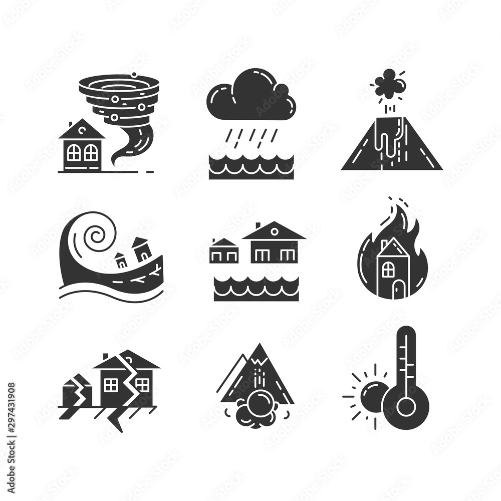 Natural disaster glyph icons set. Earthquake, wildfire, tsunami ...