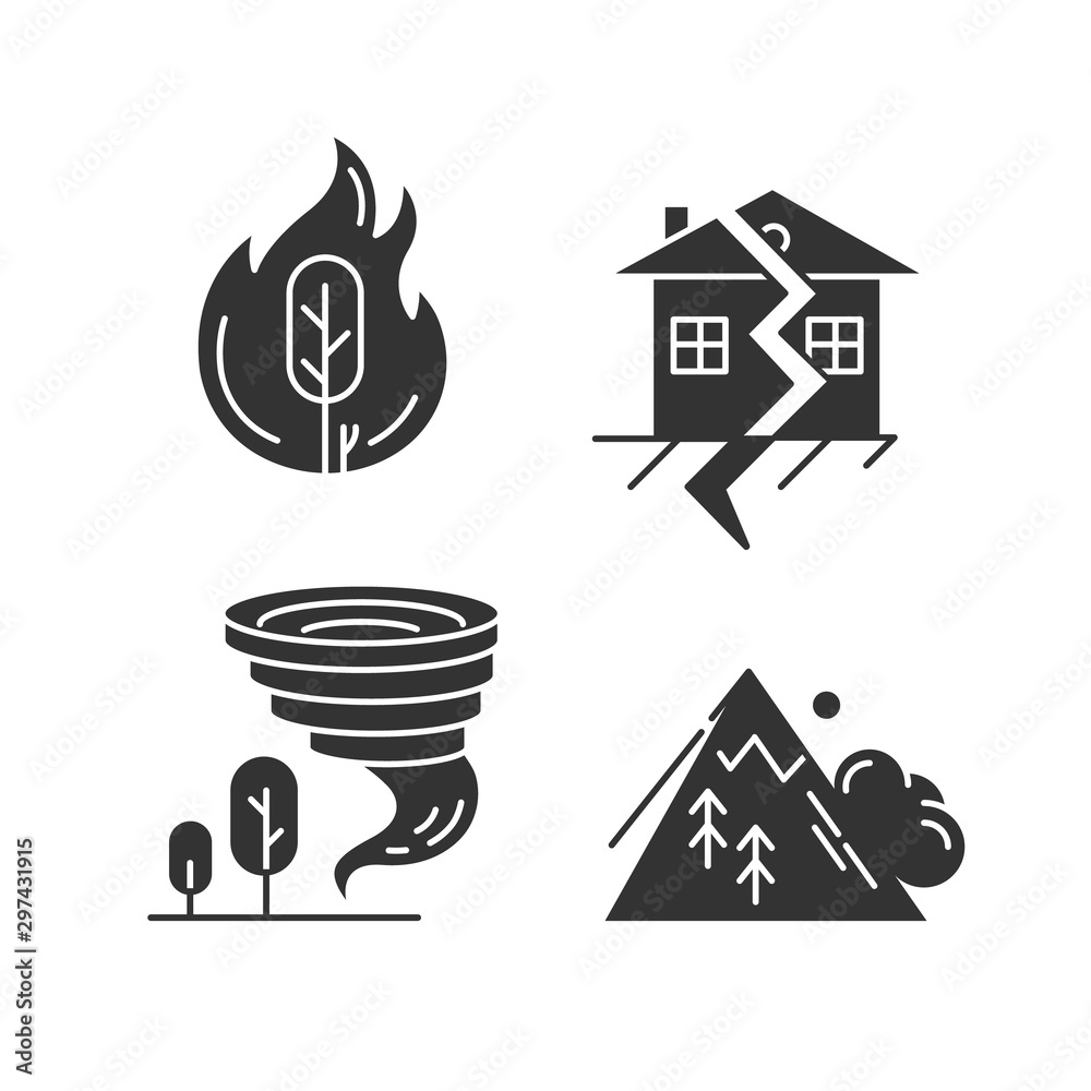 Natural disaster glyph icons set. Global catastrophes. Wildfire ...