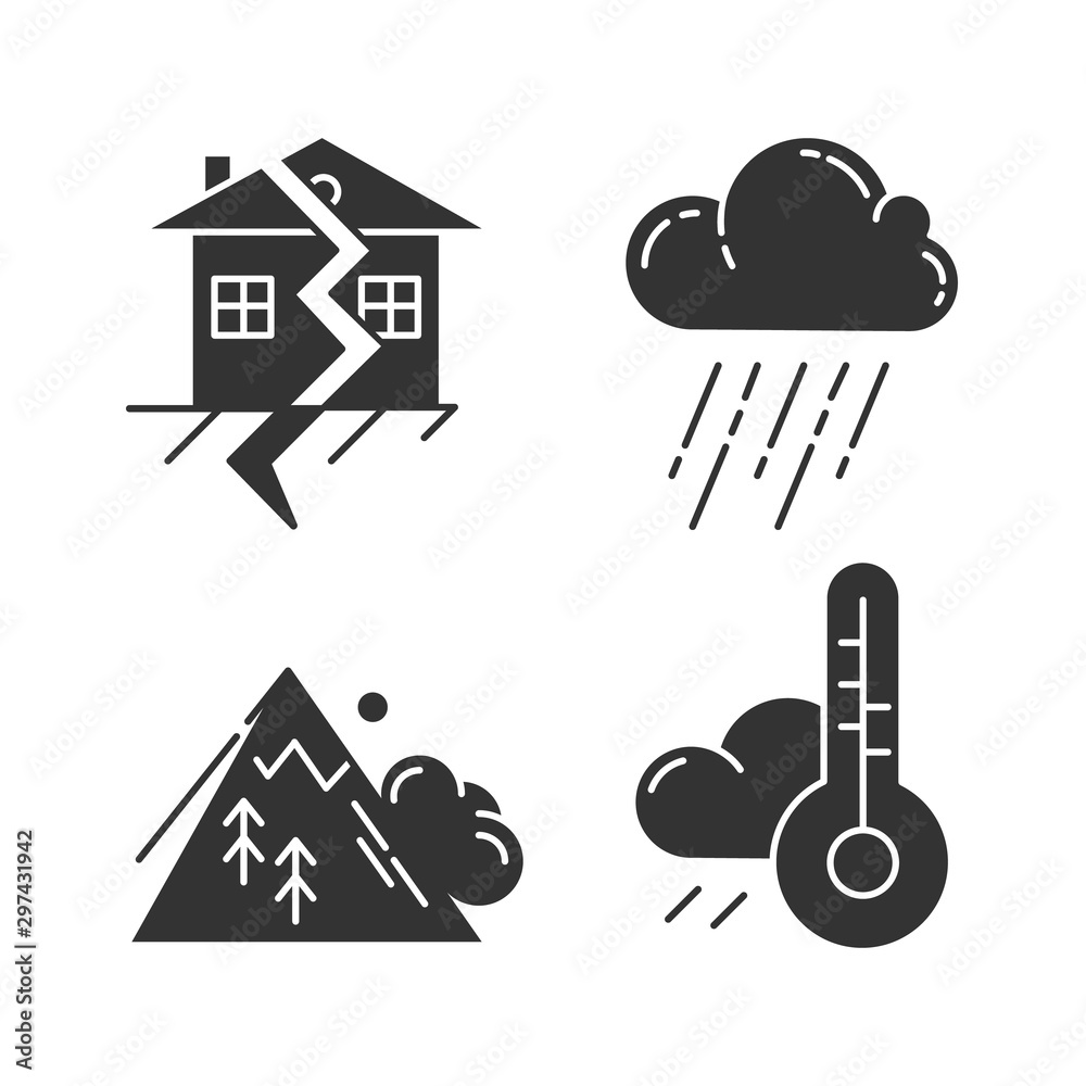 Natural disaster glyph icons set. Weather forecast, avalanche ...