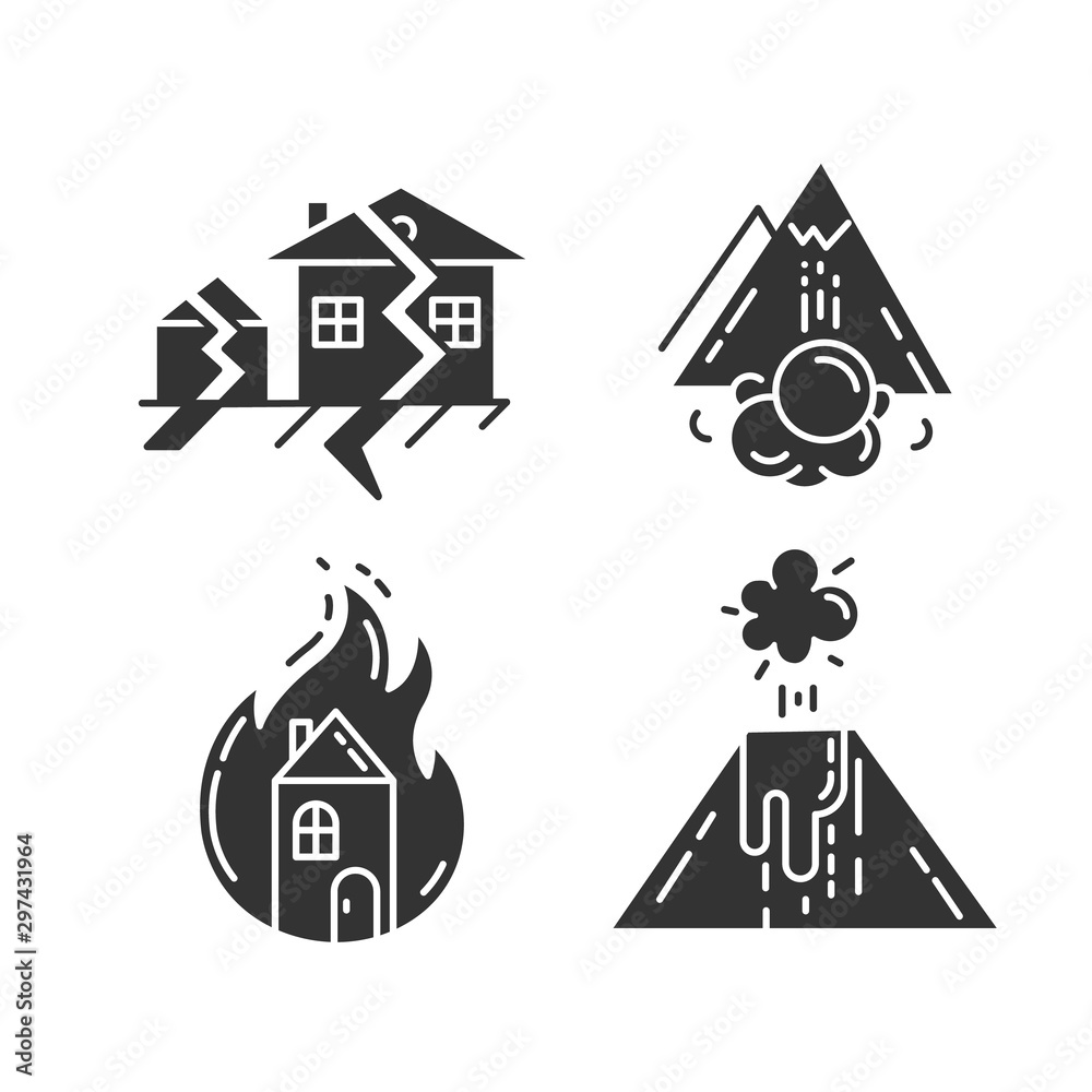 Natural disaster glyph icons set. Destructive force of Earth. Volcanic ...