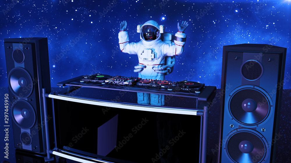 DJ astronaut, disc jockey spaceman with hands up playing music on ...