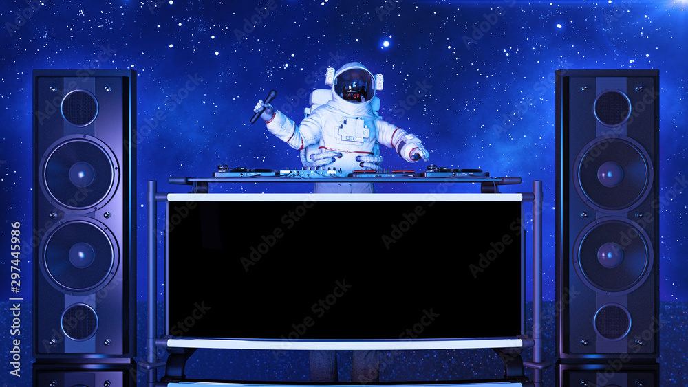 DJ astronaut, disc jockey spaceman with microphone playing music on ...
