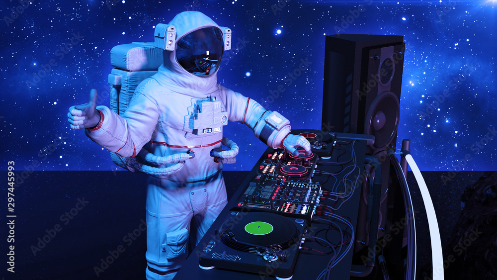DJ astronaut, disc jockey spaceman with thumbs up playing music on ...