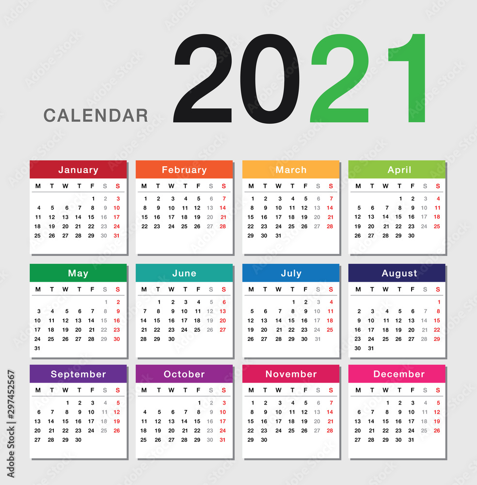 Colorful Year 2021 calendar horizontal vector design template, simple ...