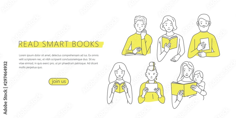Vector illustration of a people reading a book in a trendy minimalistic ...