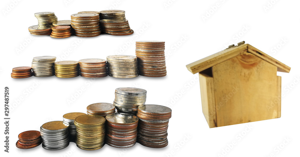 3 Style Overlay many coins on white background for financial concept ...