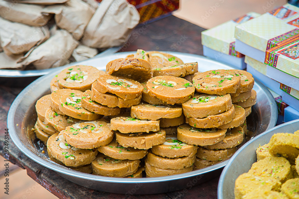 Lots of Sohan Halva indian sweet sugar with traditional flavorings and ...