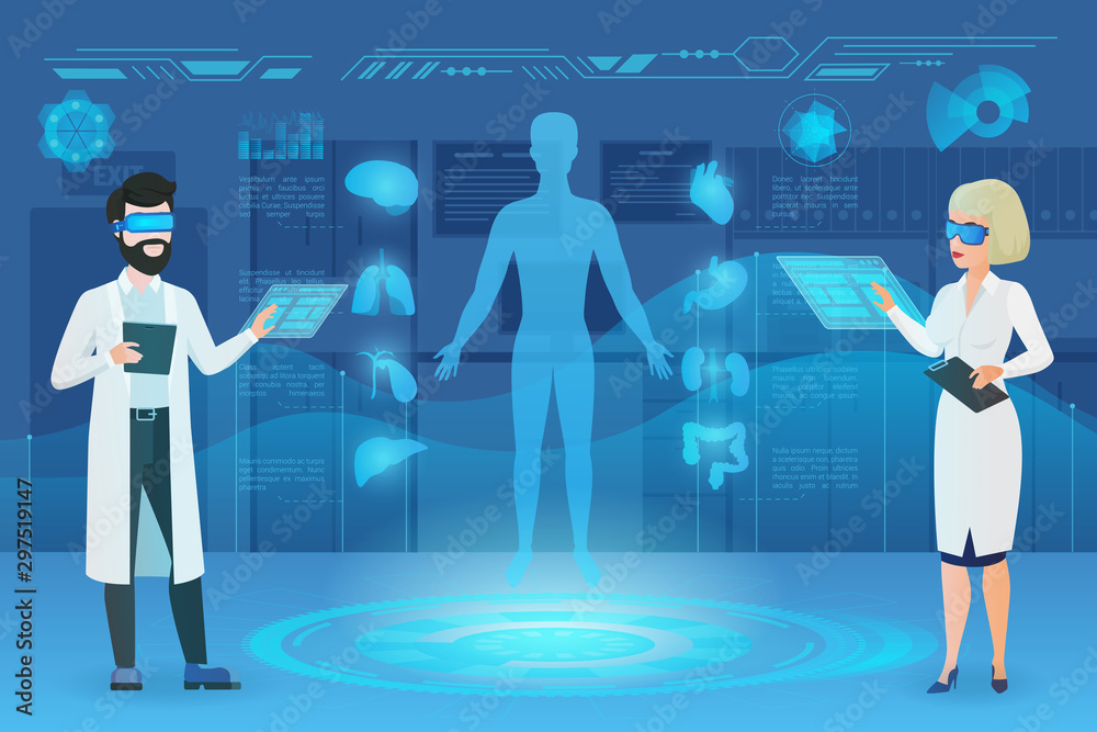 Doctors working in augmented reality flat vector illustration ...