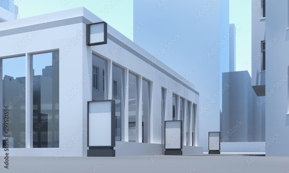 Blank street billboard. Signboard on office building. Poster stand ...
