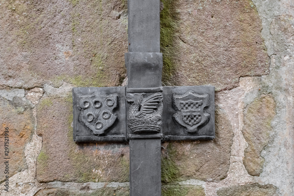Detailed view of a medieval, leaded gutter seen on the outside of an ...