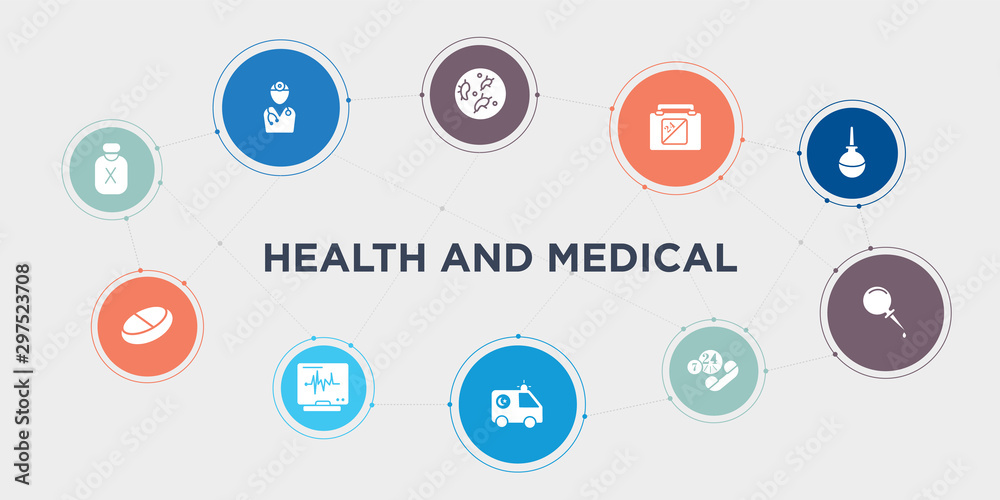 health and medical 10 points circle design. breast pump, broken leg ...