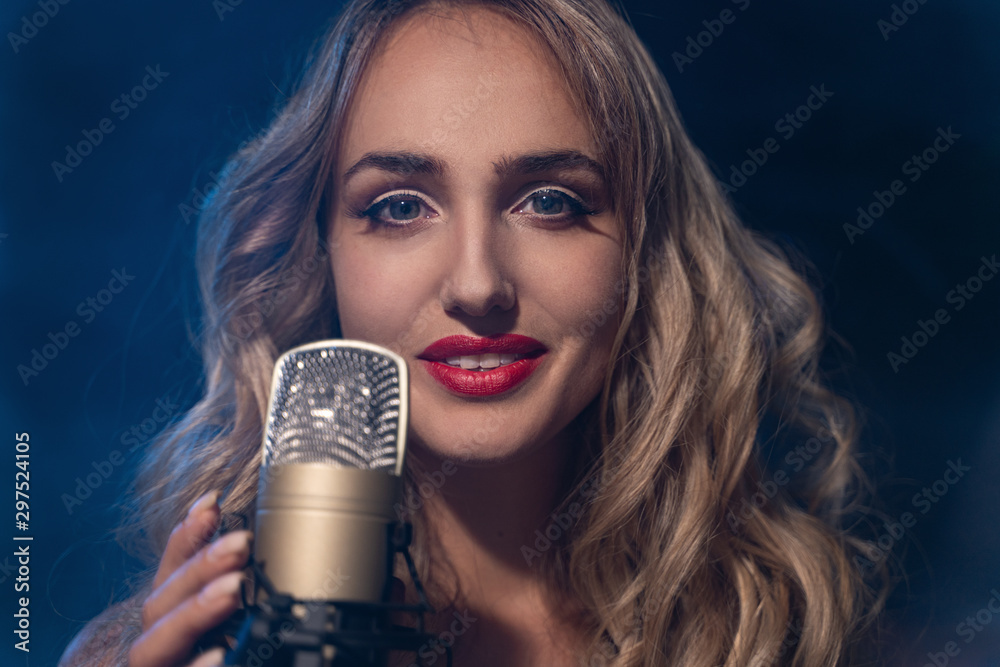 Beautiful Girl Singer Sings On Stage With Illumination Into Microphone ...