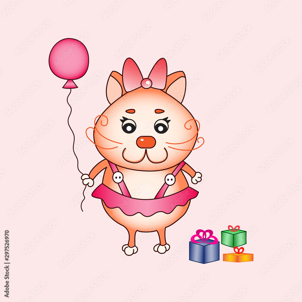 Cartoon cat with balloons and gift boxes. Stock Vector | Adobe Stock