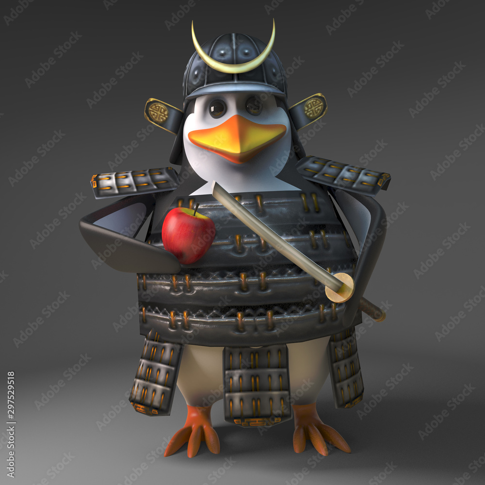 3d cartoon penguin samurai warrior slicing an apple with his mighty ...
