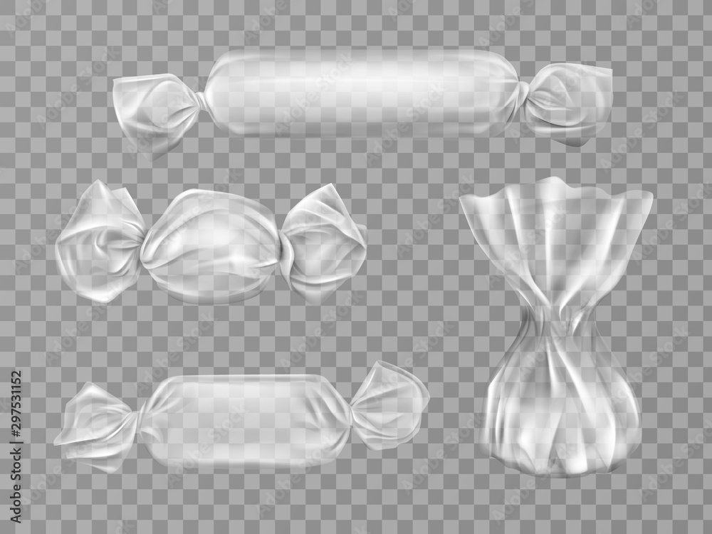 Transparent candy wrappers set isolated on grey background. Limpid ...