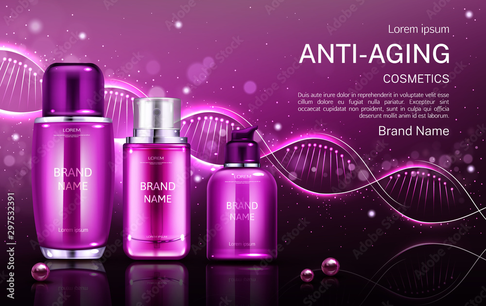 Anti aging cosmetics line bottles mock up banner with dna structure ...