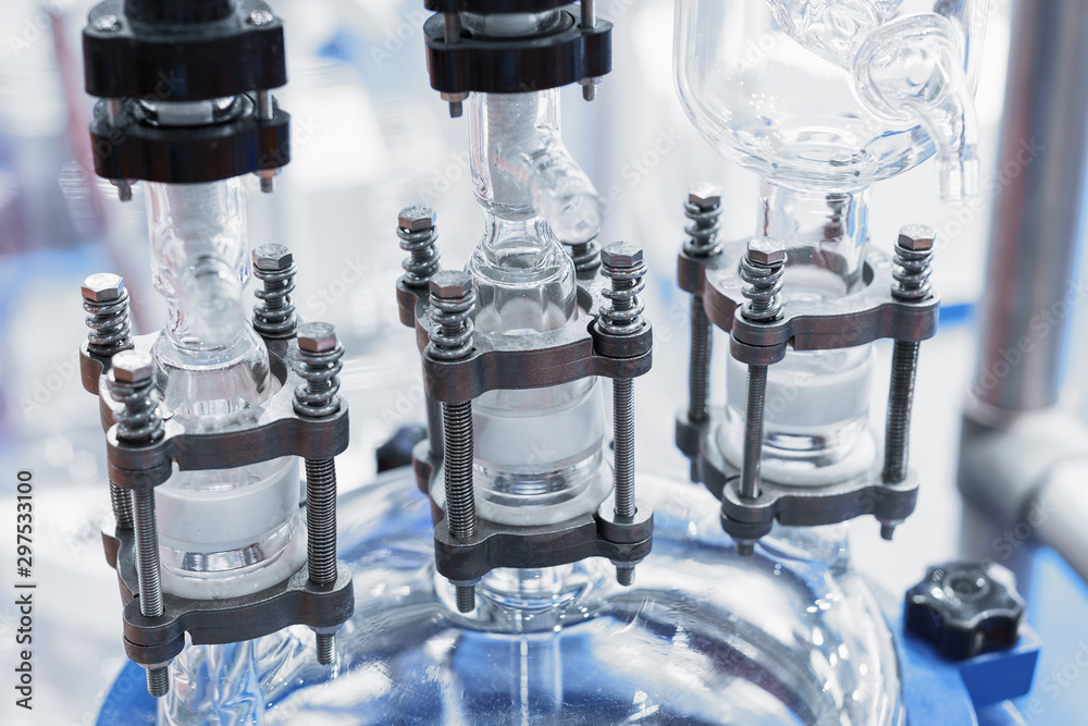 The upper part of the chemical reactor. The glass reactor lid is ...