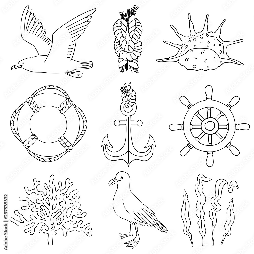 Sea hand draw sketch vector set. Marine clipart Stock Vector | Adobe Stock