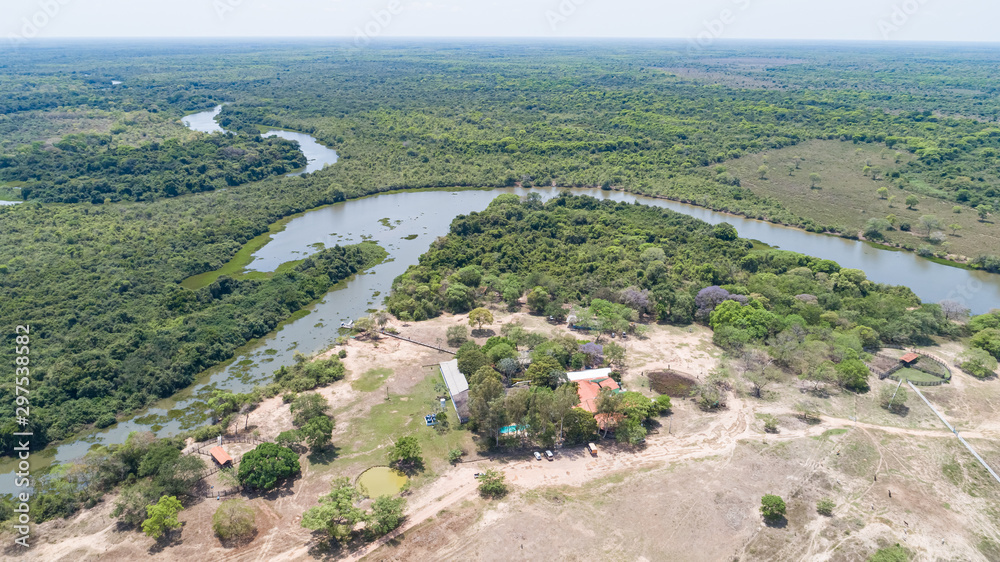 Areal view of typical Pantanal landscape, meandering tropical river ...
