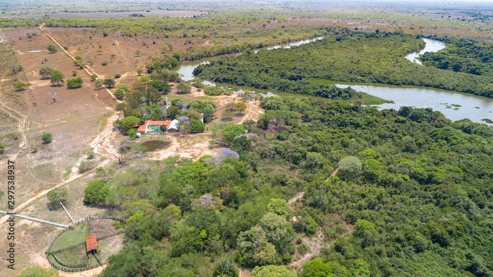 Areal view of typical Pantanal landscape, meandering tropical river ...