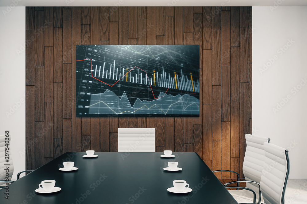 Conference room interior with financial chart on screen monitor on the ...