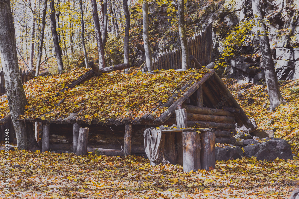 Dugout (or dug-out, pit-house, earth lodge, cellar dug) from logs in ...