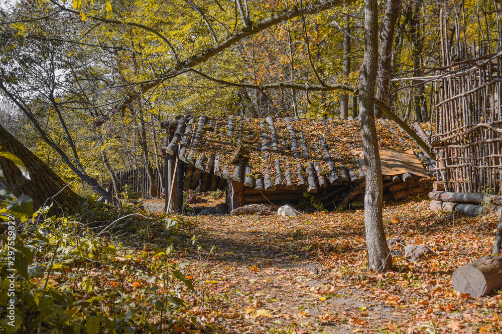 Dugout (or dug-out, pit-house, earth lodge, cellar dug) from logs in ...