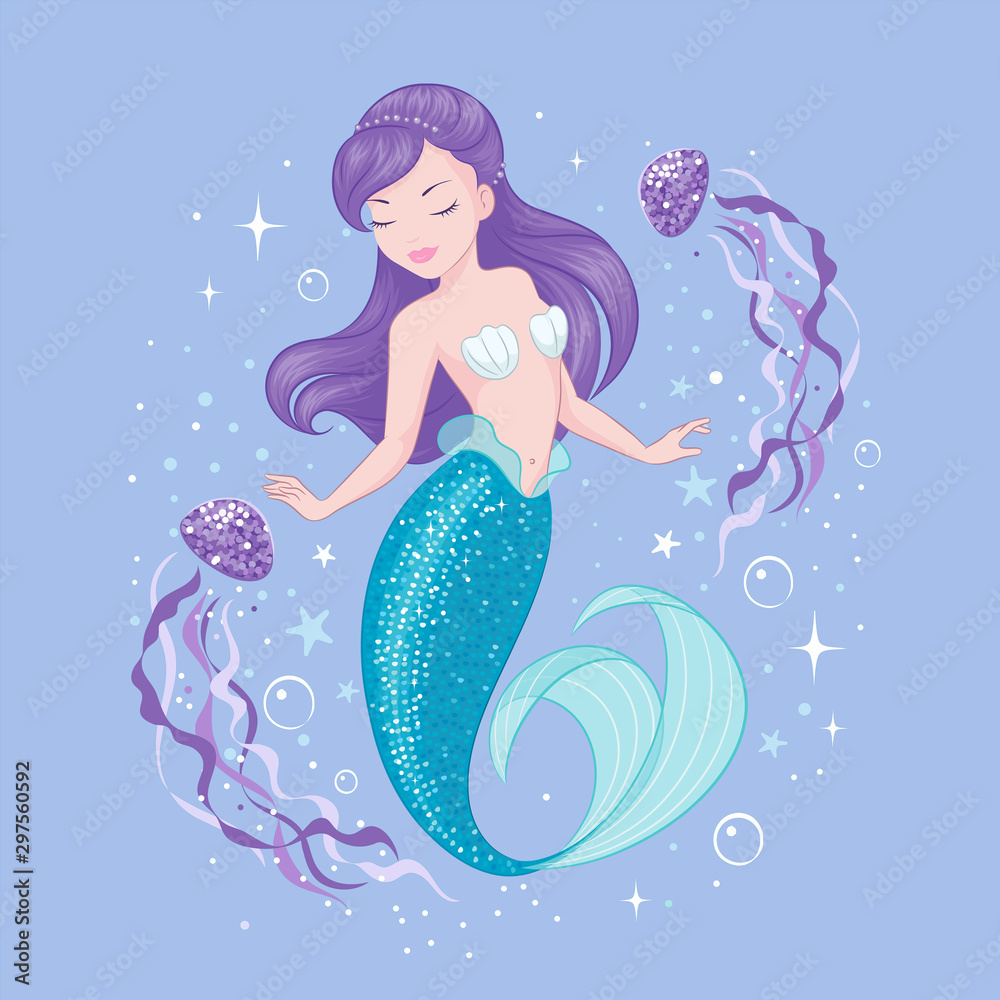 Purple hair mermaid on lilac background. Cute Mermaid with jellyfish ...