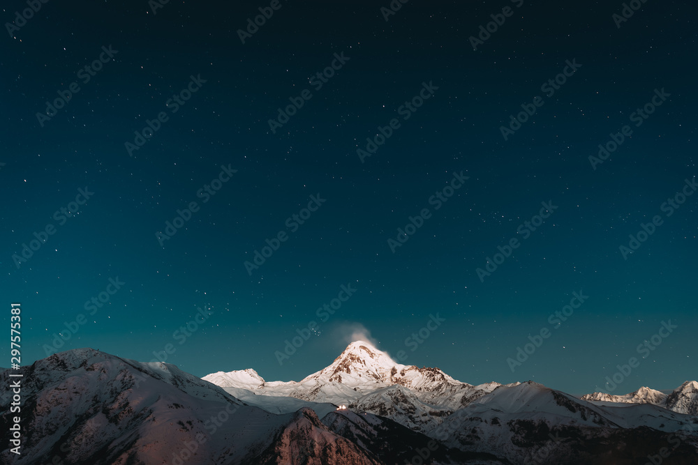 Georgia. Winter Night Starry Sky With Glowing Stars Over Peak Of Mount ...