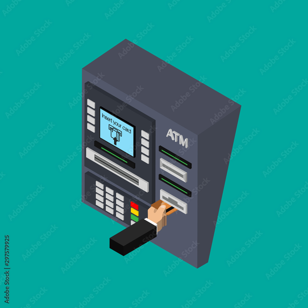 Isometric flat design of ATM machine with hand. Inserting credit card ...
