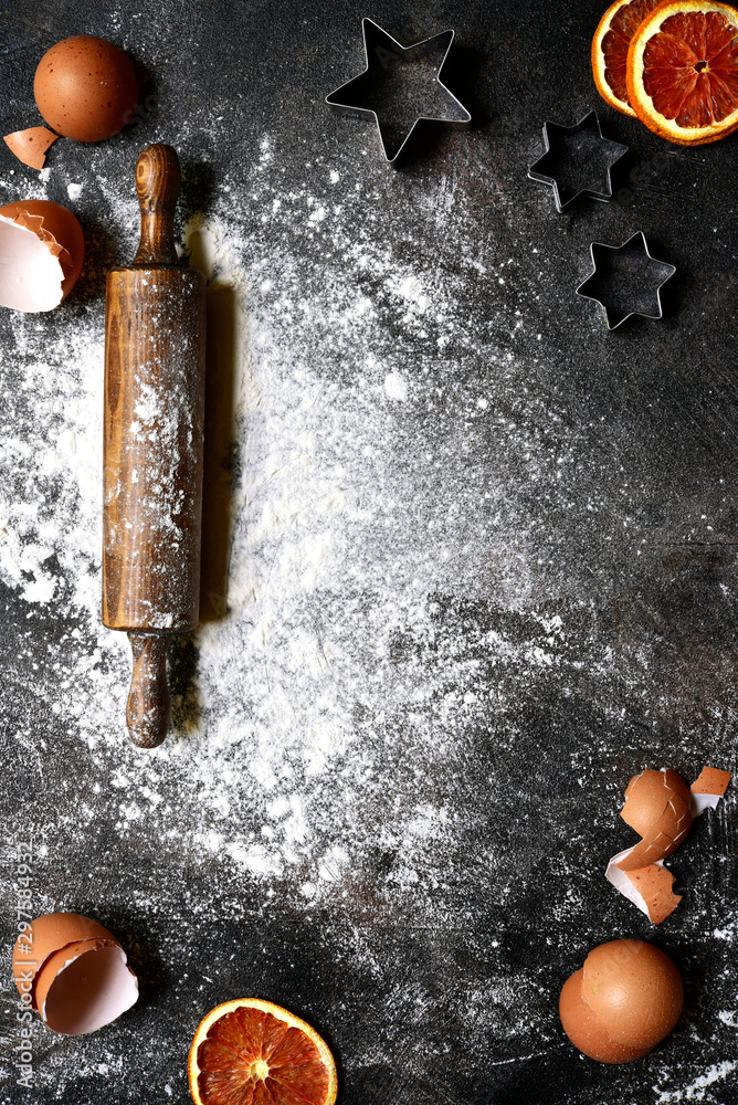 Culinary background with ingredients and props for baking. Top view ...