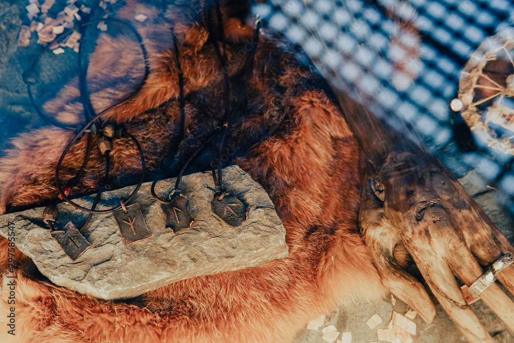 ancient Scandinavian runes shaman necklace the skins Stock Photo ...