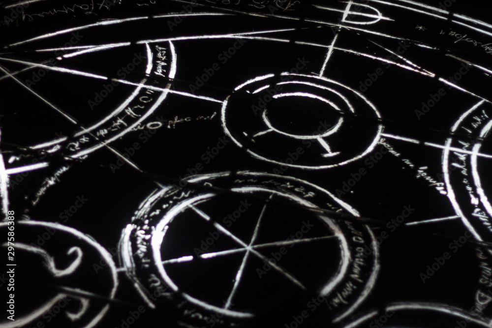 Black floor with alchemy symbol. Mysterious scheme on dark background ...