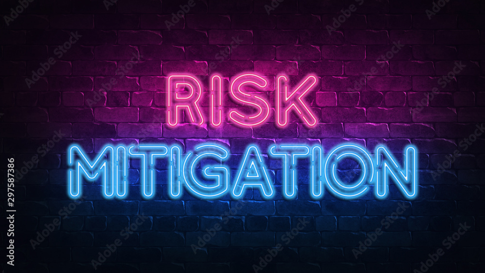 Risk mitigation neon sign. purple and blue glow. neon text. Brick wall ...