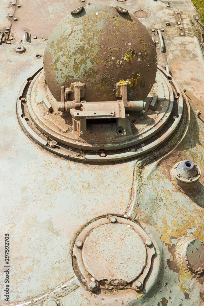 Fragment tower of an old tank. Open tank hatch. Details of the old ...