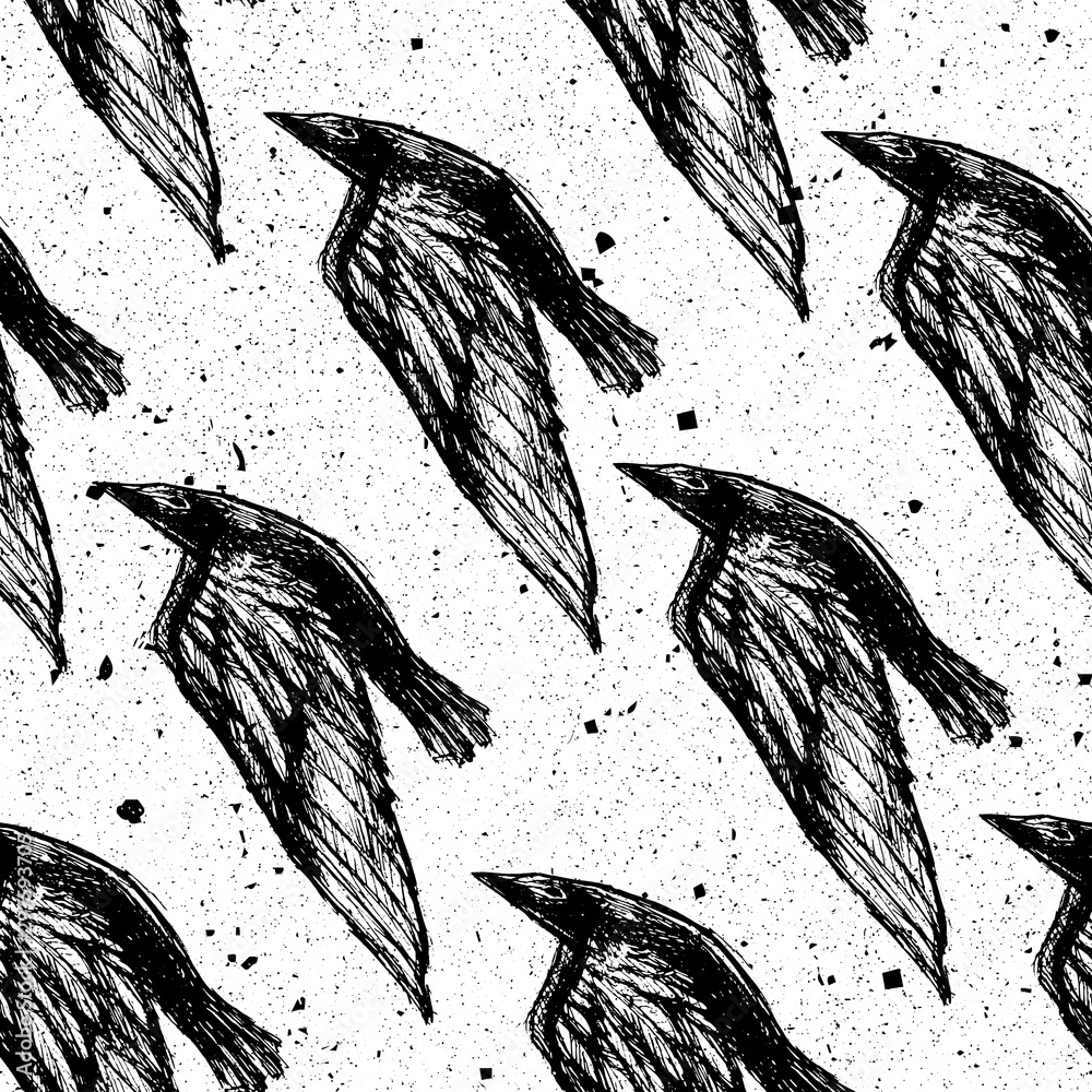 Seamless texture with flying black bird. Raven or crow. Bird in motion ...