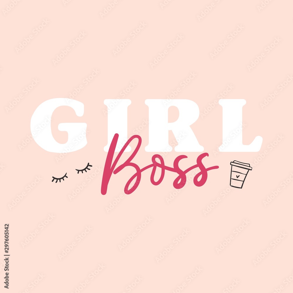 Girl boss lettering card with cup and eyelash symbol vector ...