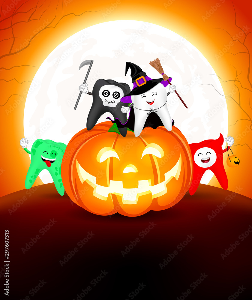Halloween cartoon tooth set sitting on pumpkin. Cute tooth in holiday ...