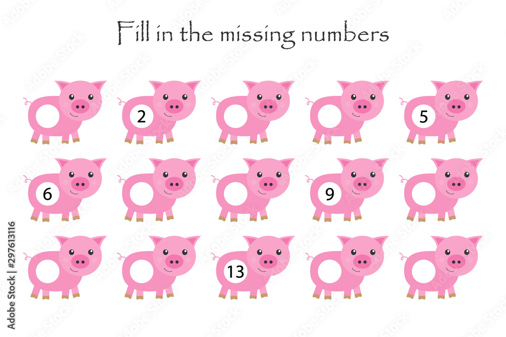 Vetor de Game with pigs for children, fill in the missing numbers ...