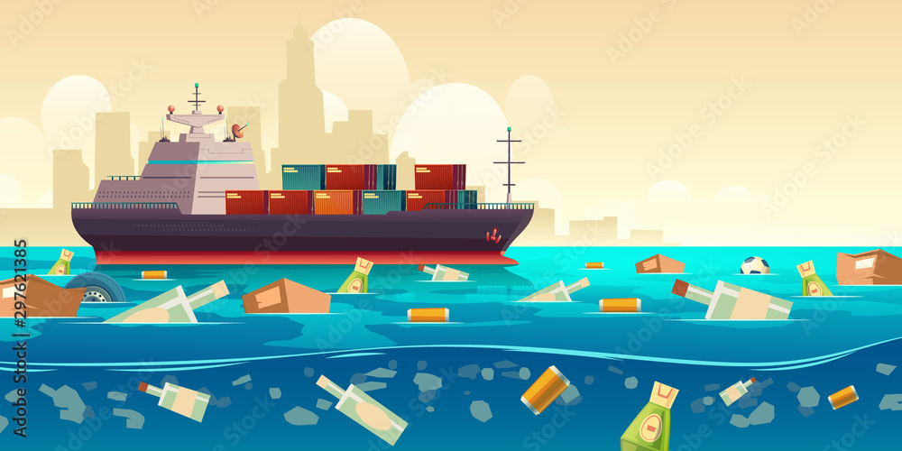 Pacific ocean plastic garbage pollution, container ship moving by trash ...