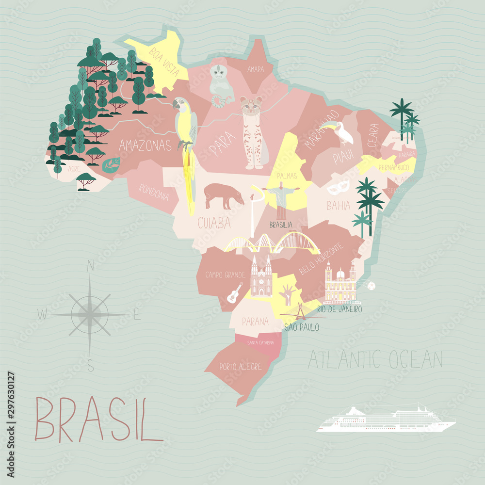 Brazil cartoon travel map vector illustration with landmarks, cities ...