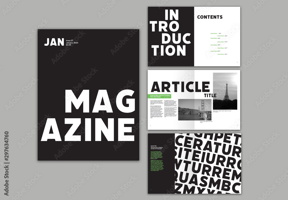 Bold Magazine Layout with Green Accents Stock Template | Adobe Stock